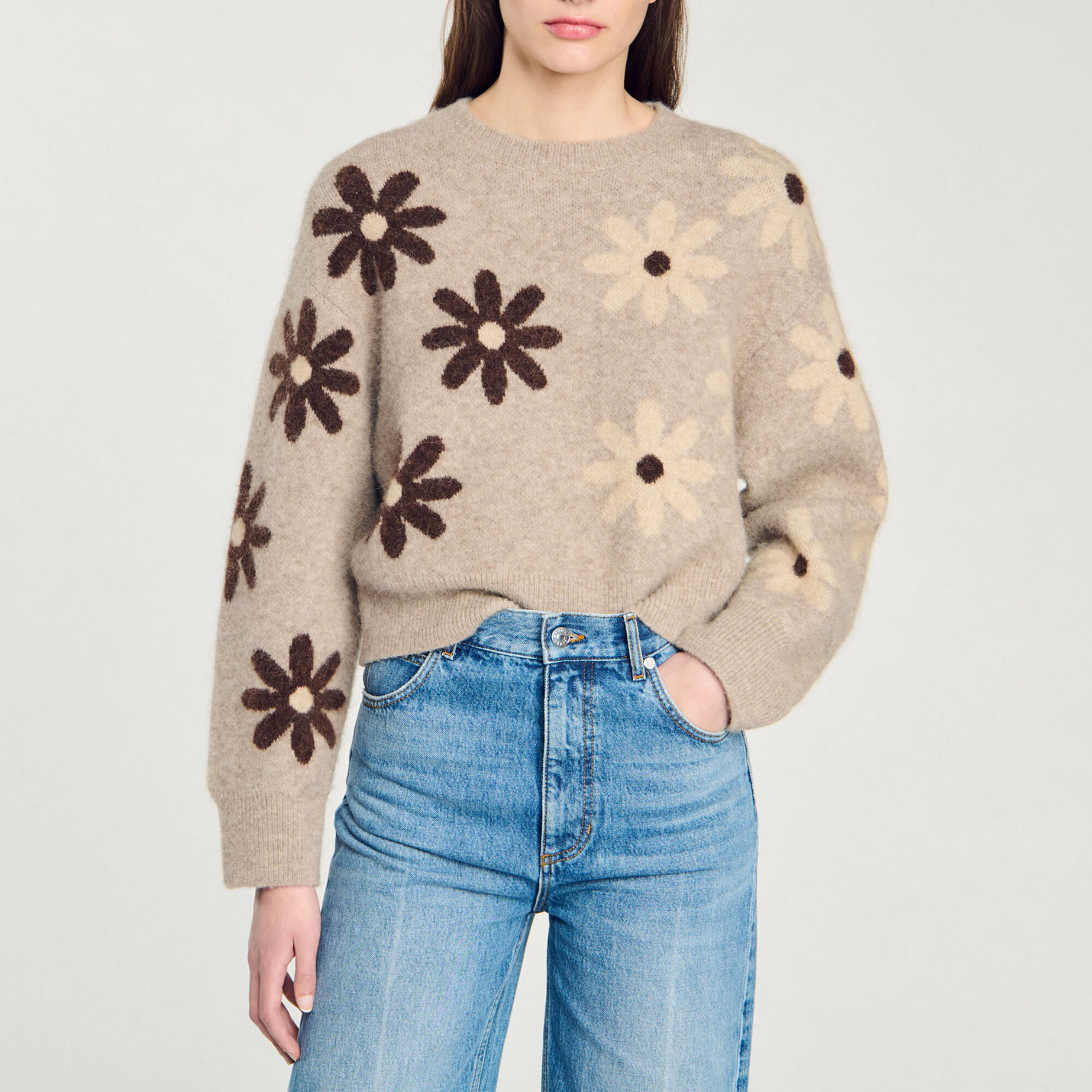 Pull en maille à fleurs beige pour femme | Sandro Paris