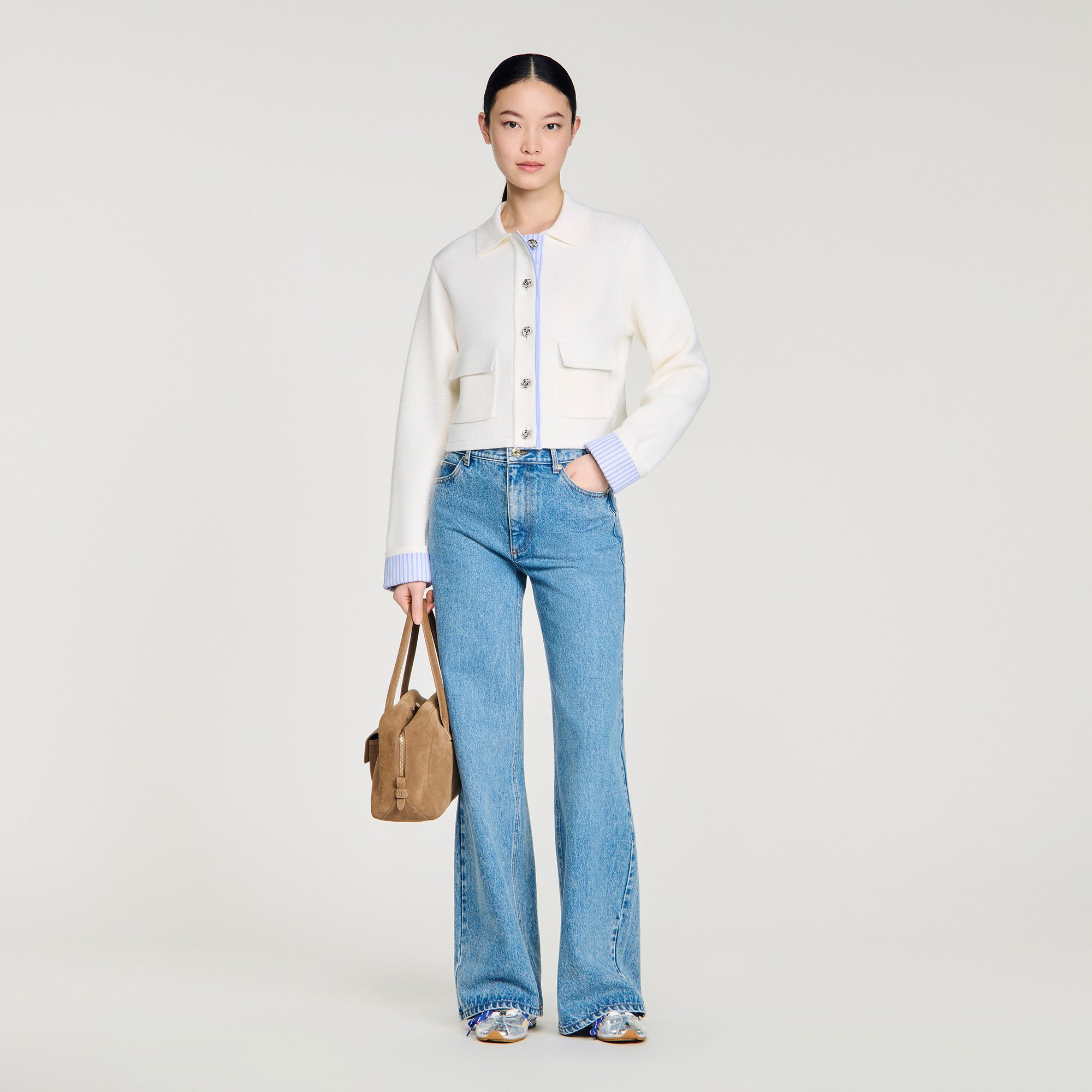 Cardigan col polo détails popeline beige pour femme | Sandro Paris