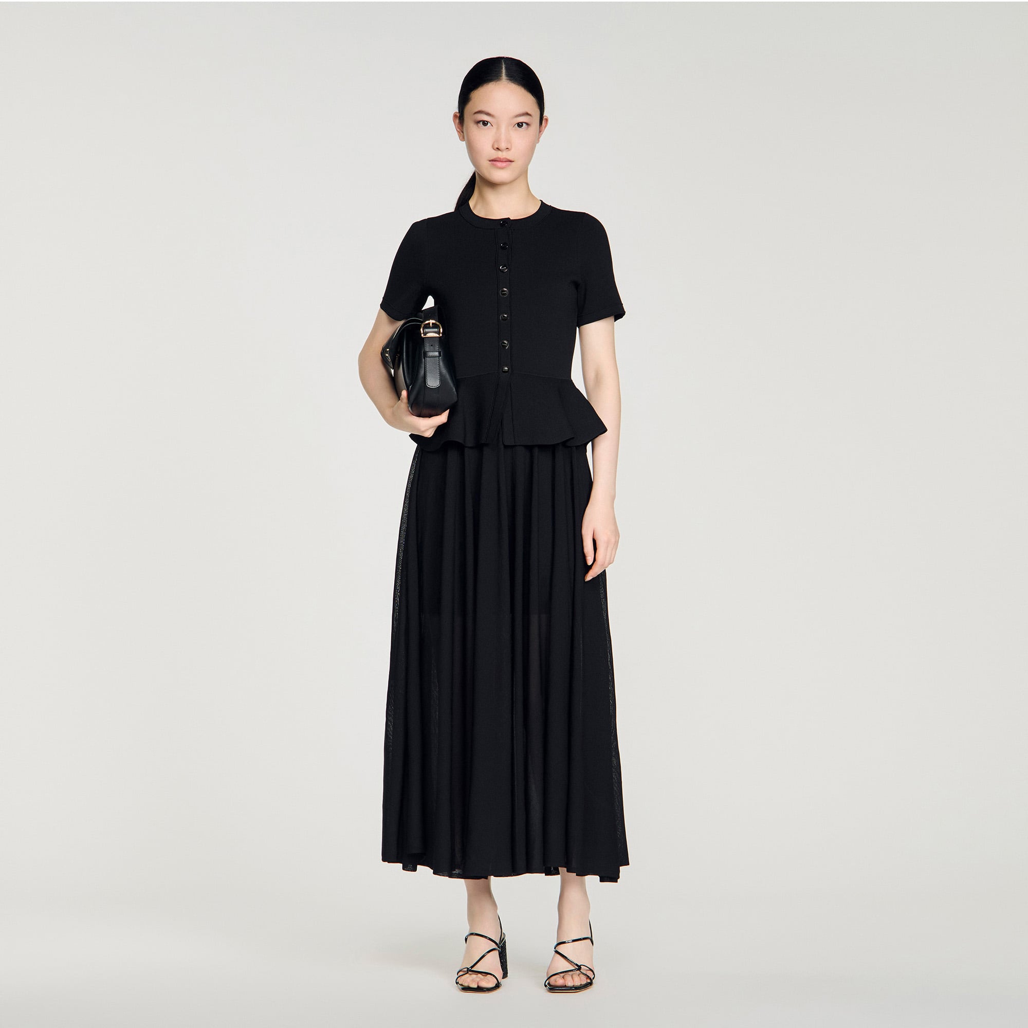 Robe longue en maille à basque gris / noir pour femme | Sandro Paris