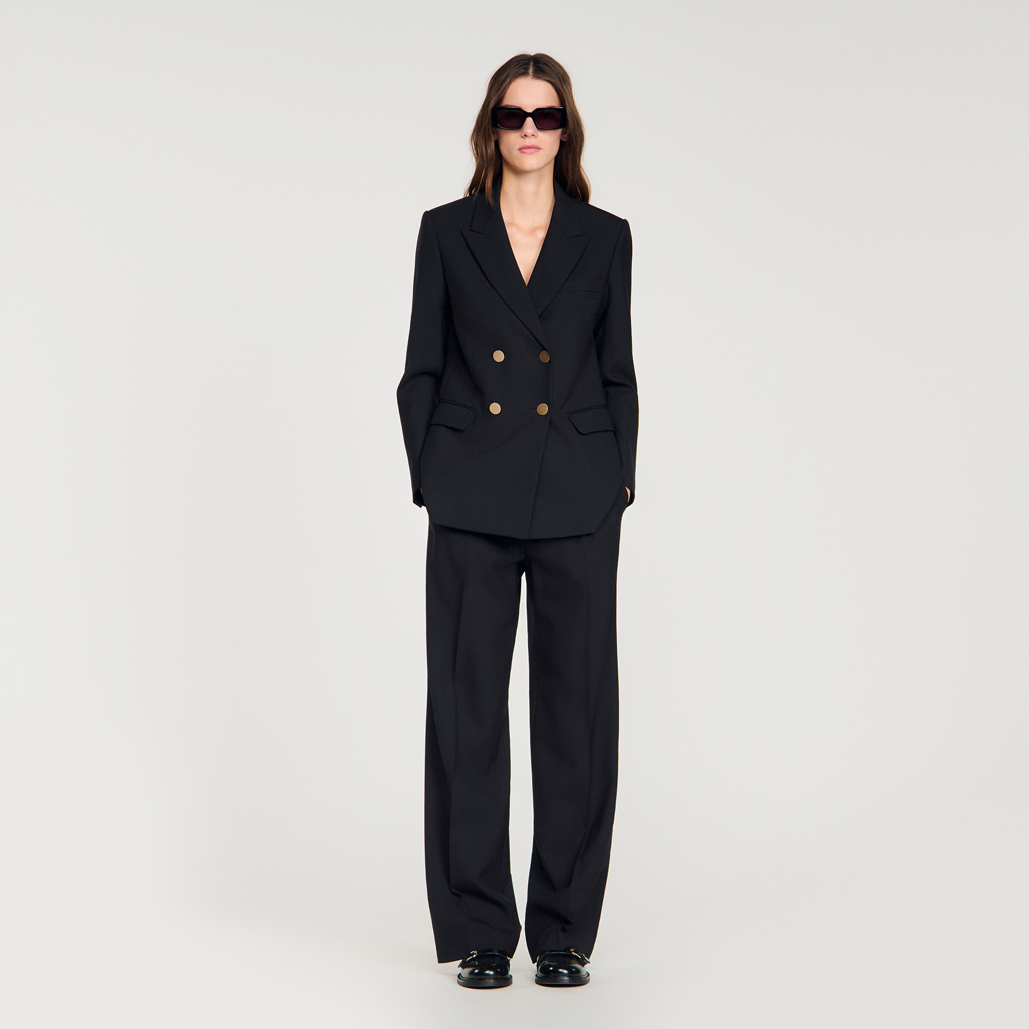 Veste de tailleur en laine gris / noir pour femme | Sandro Paris